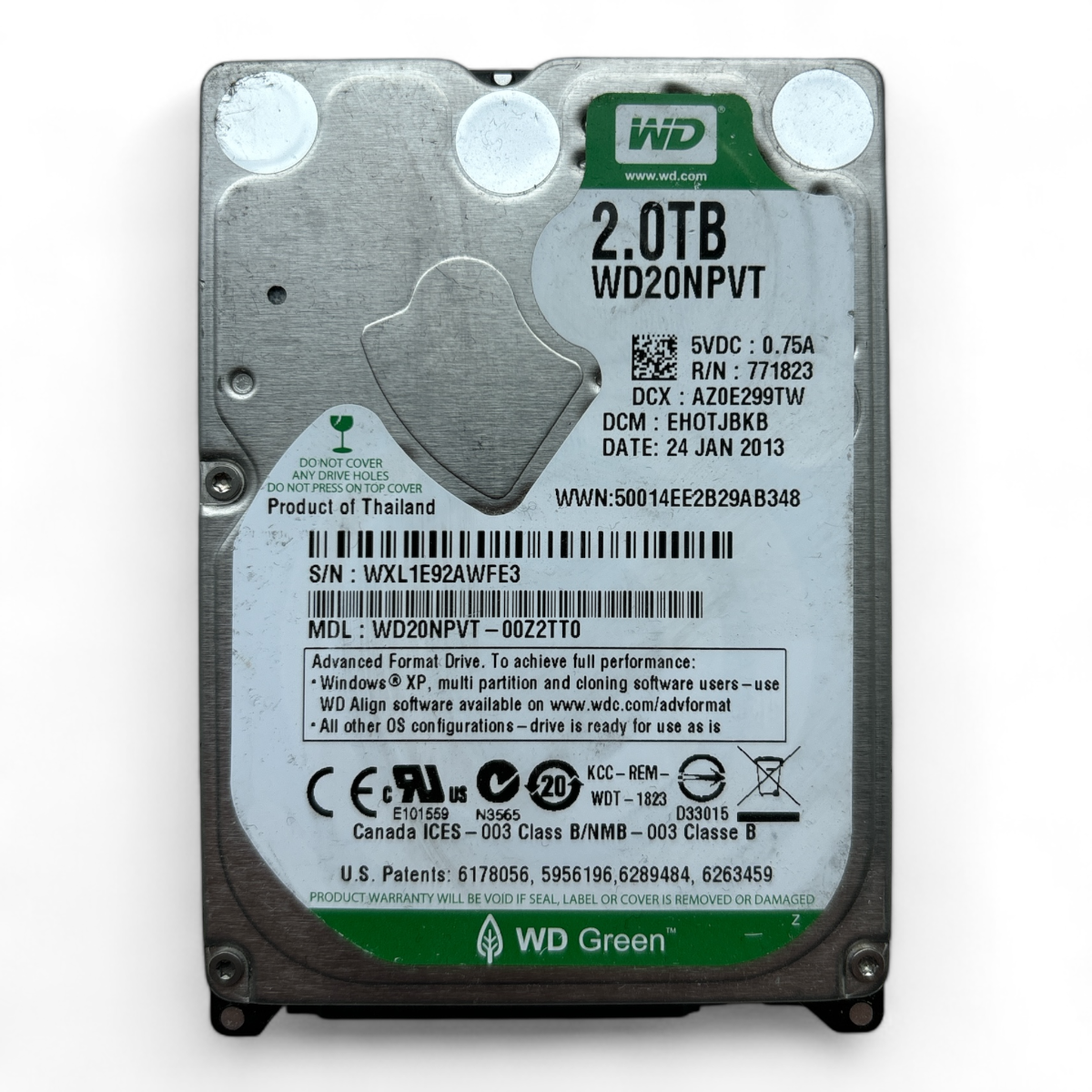 2TB 5.4K SATA 2.5" HDD 6g 512E WD Green WD20NPVT P/N: WD20NPVT-00Z2TT0 ...